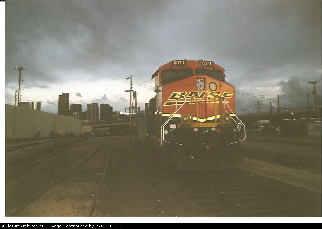 BNSF 6071 is lonley in the Denver Locomotive works before the rain starts to hit